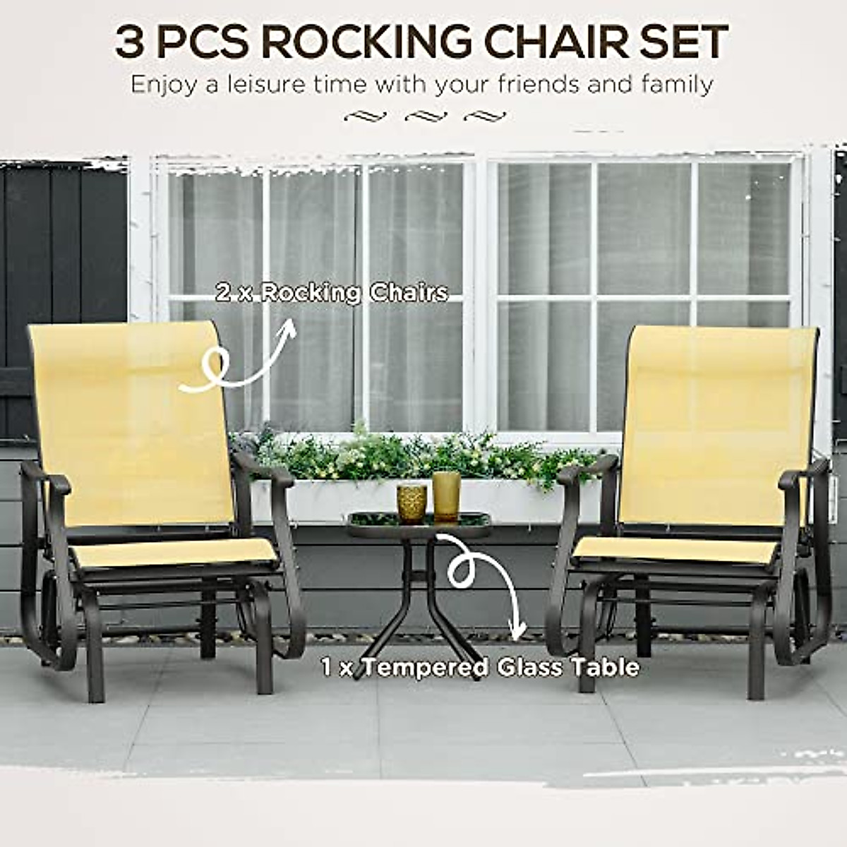 Outsunny 3-Piece Outdoor Gliders Set Bistro Set with Steel Frame, Tempered Glass Top Table for Patio, Garden, Backyard, Lawn, Yellow
