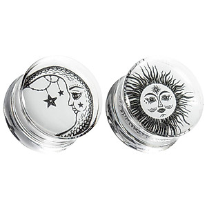COOEAR Ear Gauges Piercing Saddle Plugs, Double Flared Tunnels, Acrylic Sun and Moon Logo Earrings Matched Stretchers.