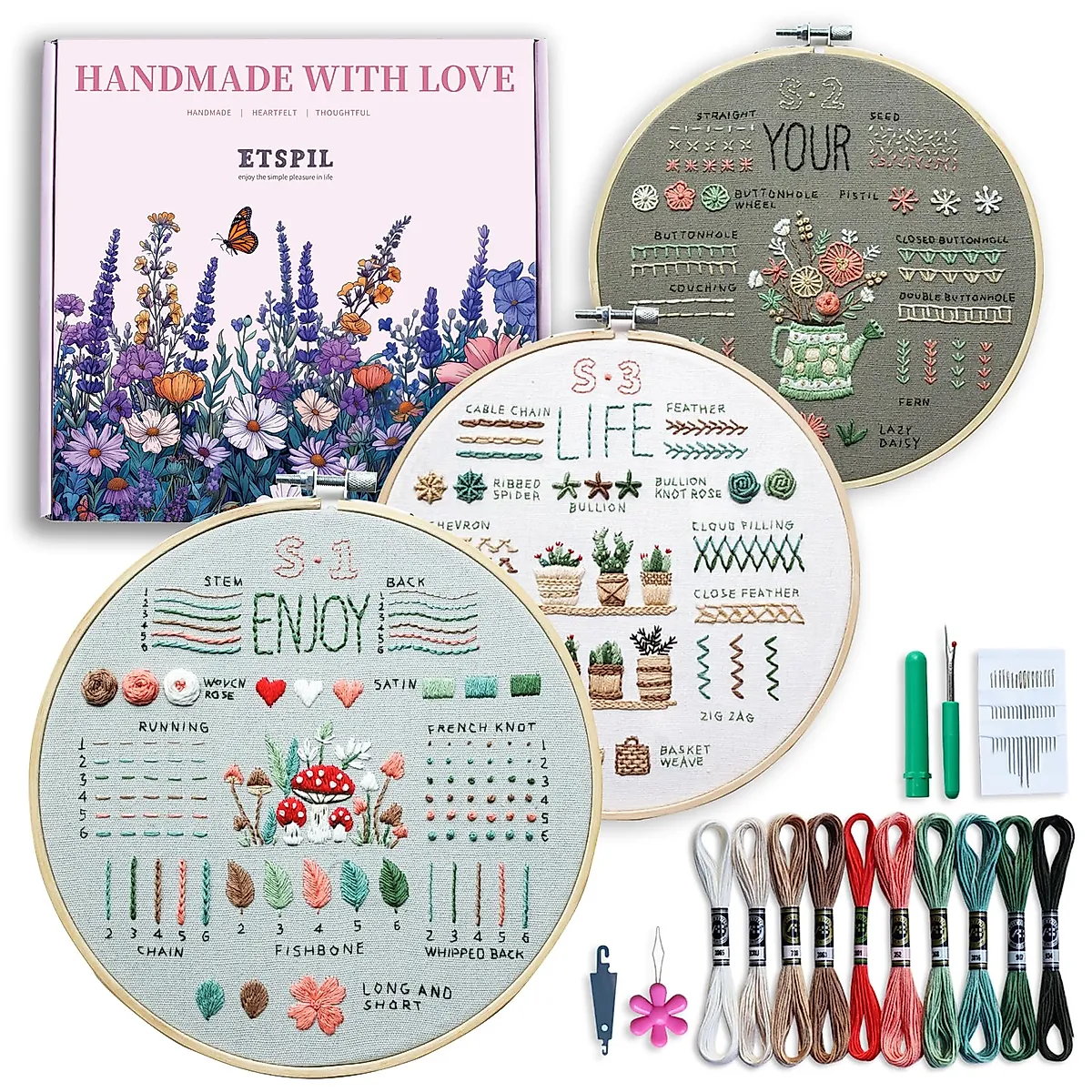 ETSPIL 3 Pack Beginner Embroidery Kits for Adults DIY Starter Kit with 33 Stitch Techniques, Stamped Patterns, Embroidery Hoop, Colorful Threads, Tools, Step by Step Instructions & Video Tutorial