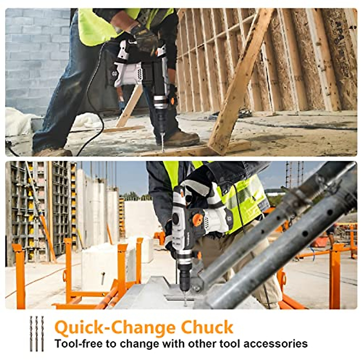 [Upgraded] Towallmark 12.5 Amp Rotary Hammer Drill, 1-1/4 Inch SDS-Plus 4 in 1 Multi-functional Heavy Duty hammer drill, Safety Clutch, Drill Chuck, for Concrete, Tile, Wall, Stones, Cement and Metal