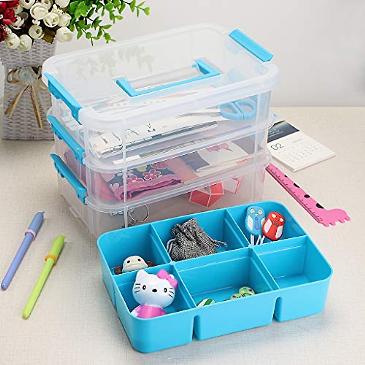 JUXYES 3-Tiers Stack Carry Storage Box With Divided Tray, Transparent Stackable Storage Bin With Handle Lid Latching Storage Container for School & Office Supplies (Blue)