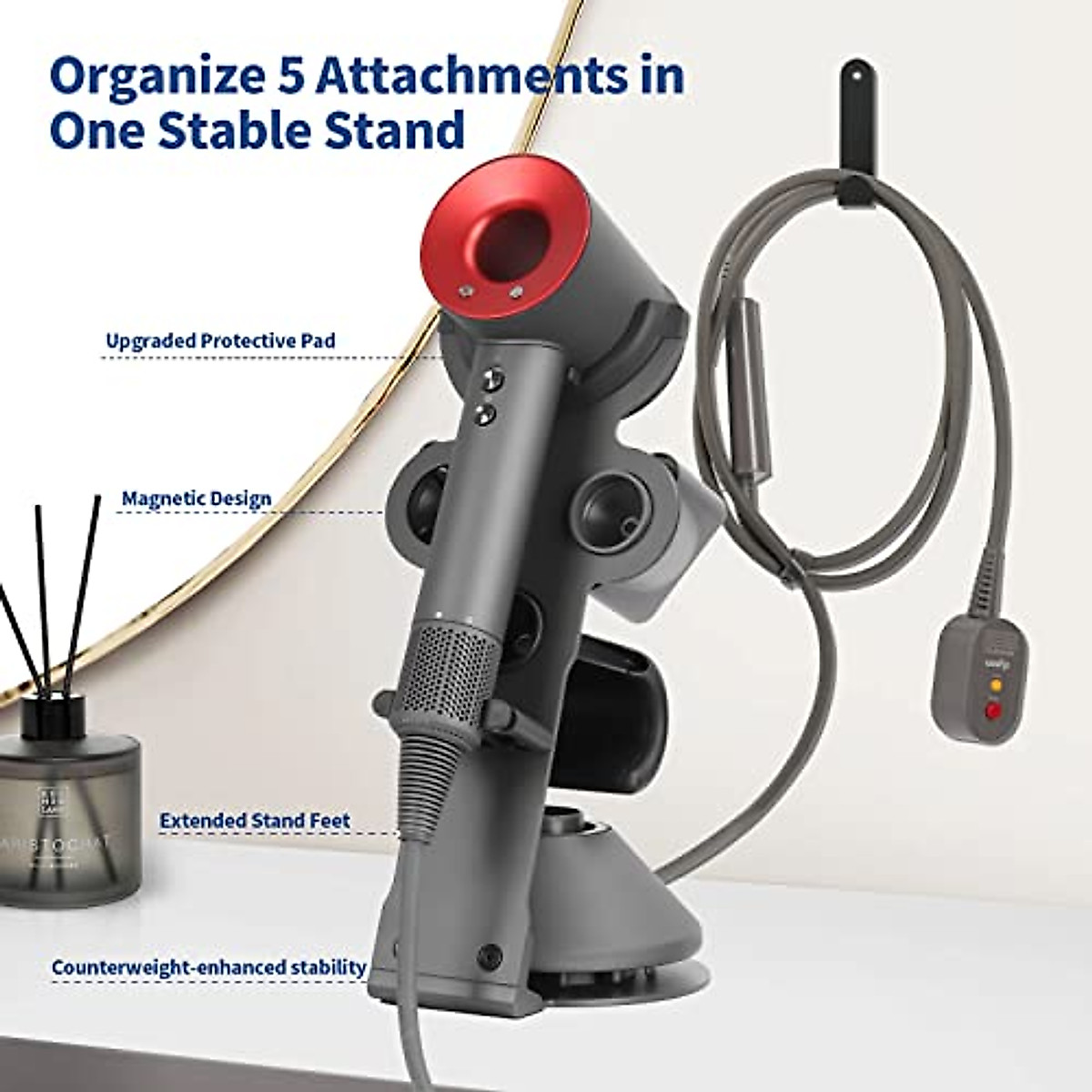 Hair Dryer Stand for Dyson Supersonic Hair Dryer, Dyson Hair Dryer Holder Rack with Power Plug Hair Dryer Attachments Organizer for Dyson Accessory Bathroom Blow Dryer Holder Hair Care Tools Black, UEMUSI