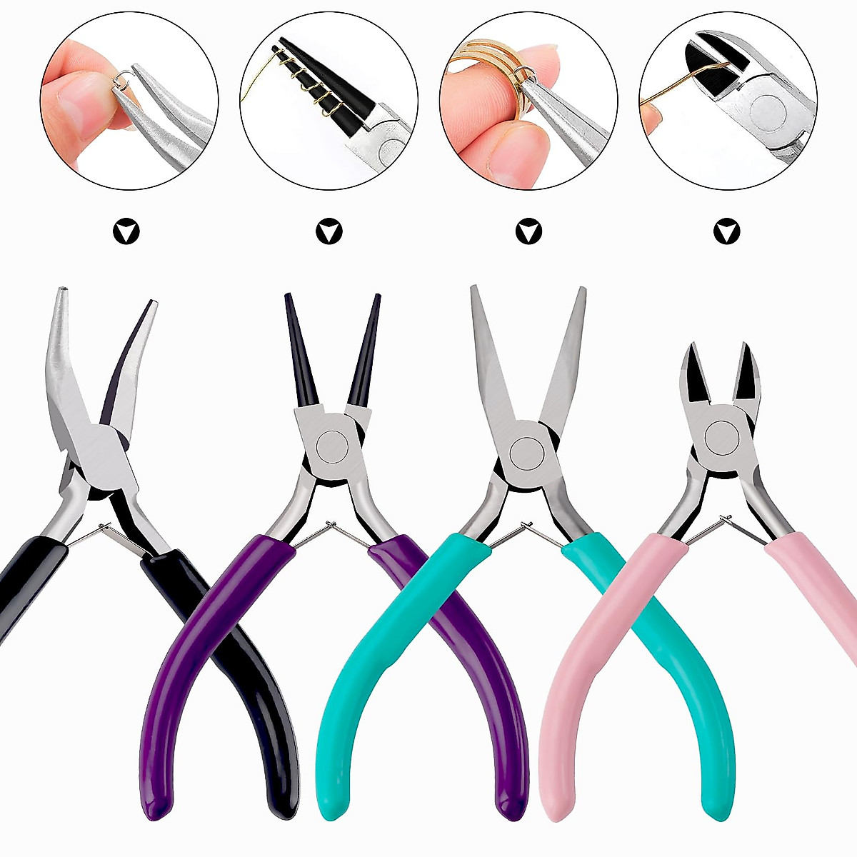 4 Pack Jewelry Pliers Jewelry Making Pliers Tools Kit with Needle Nose Pliers/ Chain Nose Pliers, Round Nose Pliers, Bent Nose Pliers, Wire Cutters for Wire Wrapping Earring Craft Making Supplies