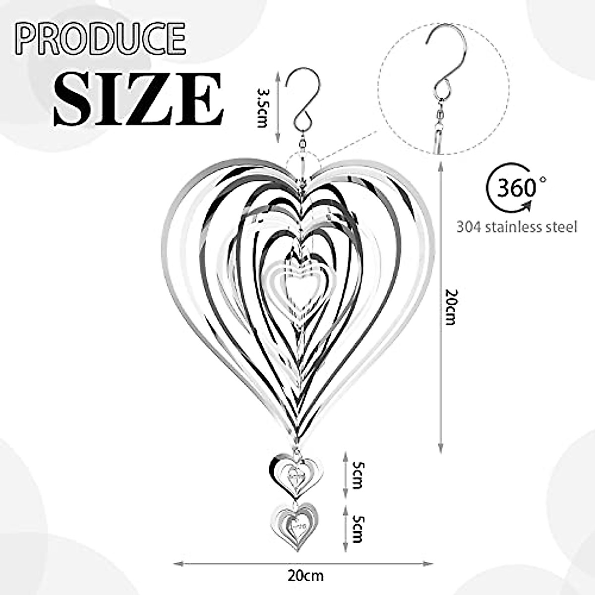 Chitidr 3D Stainless Steel Wind Spinner Beating Heart Wind Spinner Flowing-Light Effect Wind Chime with 2 Pieces Mini Heart Decor for Outdoor Garden Decorations