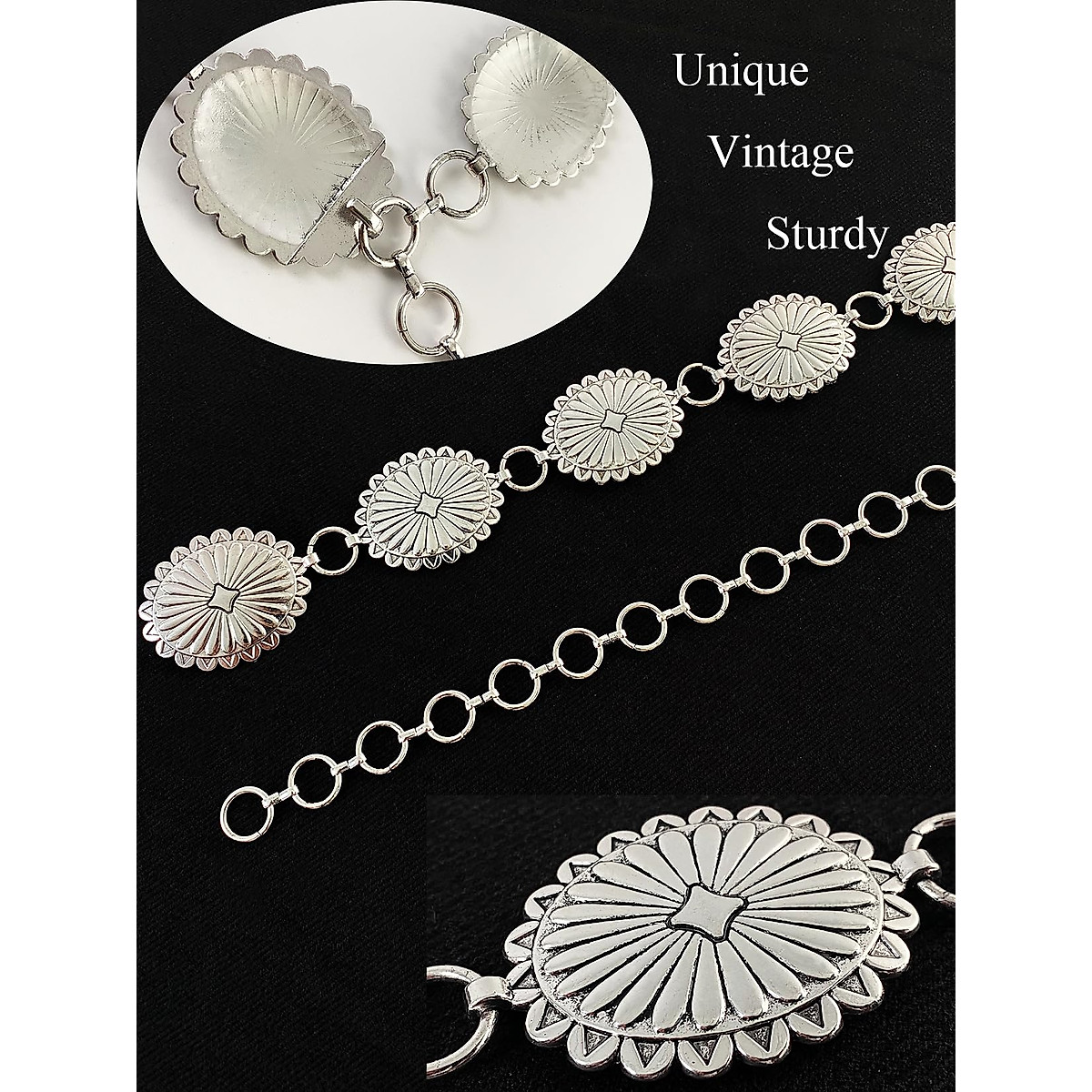 TOPACC Western Metal Oval Concho Chain belts for Women Silver Boho Cowgirl Belt for Dresses Jeans Girls Country Concert Outfit