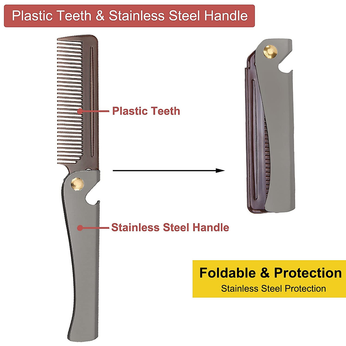 Stainless Steel Folding Comb, Pocket Comb for Men and Women, Black