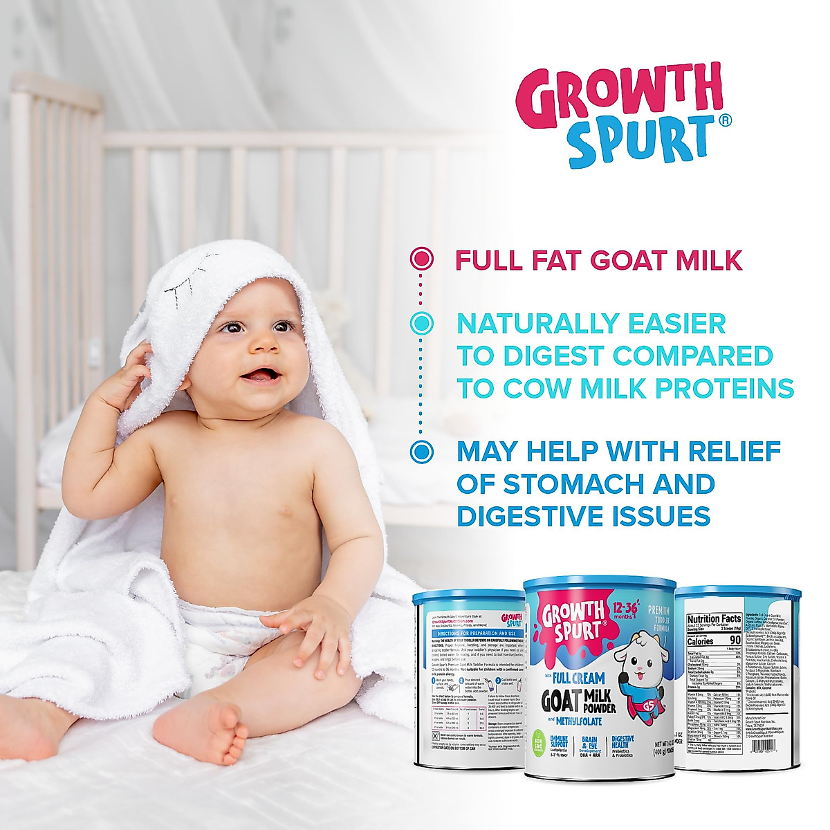 Growth Spurt Goat Milk Toddler Formula – Powdered Goat's Milk Toddler Formula – Lactoferrin, 2'-FL HMO, Prebiotics, Probiotics, Iron, DHA & ARA, Immune Support, Non GMO Infant Baby (12 Pack)