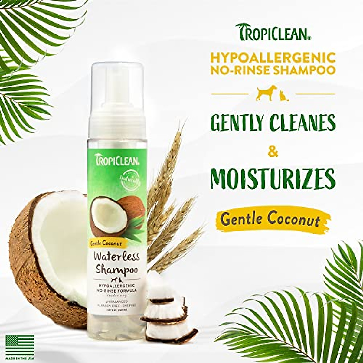 TropiClean Hypoallergenic Waterless Dog Shampoo | Dry Shampoo for Dogs With Sensitive Skin | Natural Dog Shampoo Derived from Natural Ingredients | Cat Friendly | Made in the USA | 7.4 oz