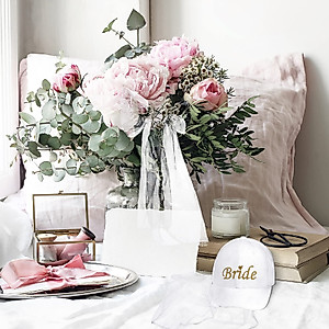 Bridal Baseball Cap Women's Lace Veil Adjustable Bride Hat Wedding Bridal Party Hat Gold Embroidered Ponytail Trucker Ponycap for Bachelorette Wedding Beach Ball Sports, White