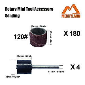 Merryland Drum Sander Sanding Band for Dremel 184pcs, 120# 1/2" Sanding Sleeve 180pcs and Mandrel 4pcs Rotary Tool, Electric Power Tool Accessory DIY, RMTA184C3
