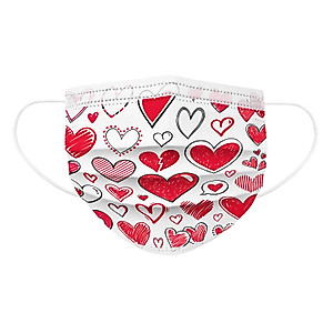 Wtosuhe 50PC Adults Valentines Day Disposable FaceMasks with Pink Black Love Heart Designs, 3-Ply Holiday_ Mask with Nose Wire for Women Men