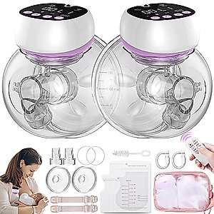 Palmatte Wearable Breast Pump Hands Free Portable & Wireless, Leakproof Painless Electric Breast Pump 3 Modes 9 Levels LED Display Remote & Storage Bag Breastfeeding Essentials, 2 Pack Lavender