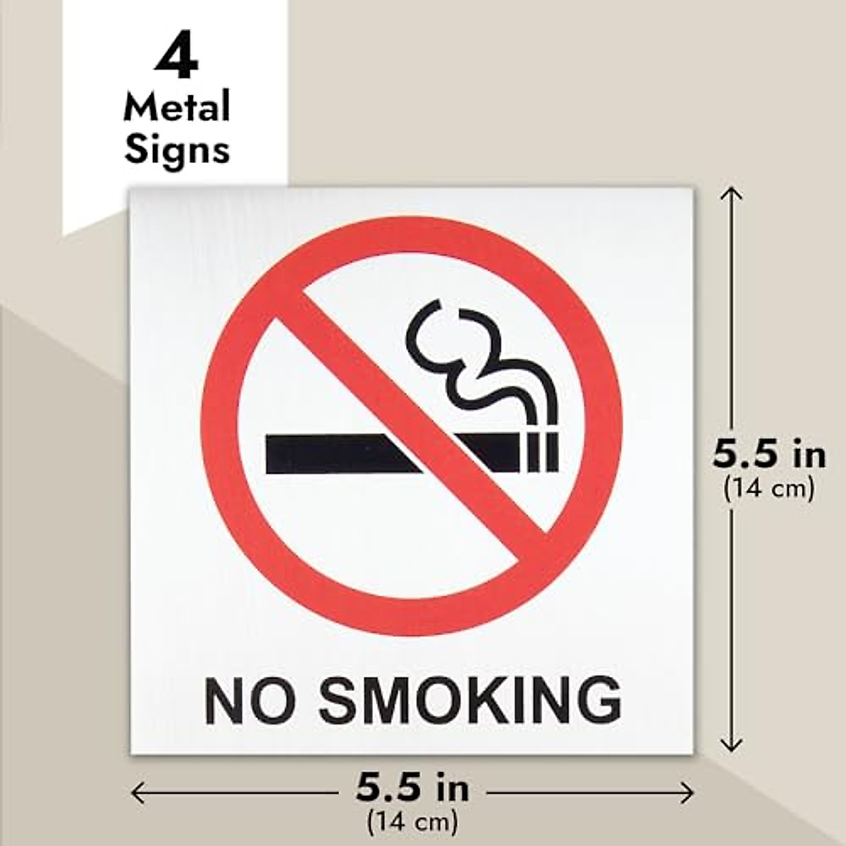 4 Pack No Smoking Signs for Businesses, Aluminum Metal Sticker for Restaurants, Public Spaces, Self-Adhesive (5.5 x 5.5 In)