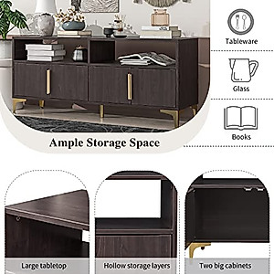 58” L Sideboard with Gold Metal Legs and Handles, Wood Console Table Storage Cabinet Sufficient Storage Space Magnetic Suction Doors (Espresso-J5)