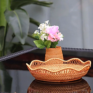 2 Pack Rattan Round Fruit Baskets Wicker Storage Bowls,Woven Serving Basket Bowls Decorative Baskets For Kitchen Counter Organizing (Khaki)