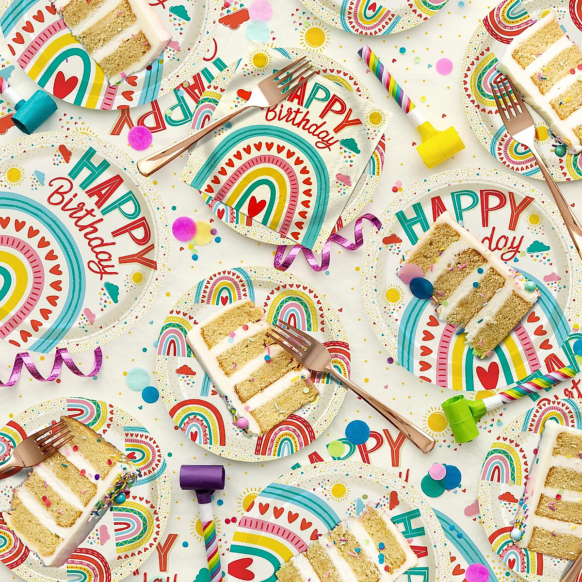 Retro Rainbow Themed Happy Birthday Party Supplies Set - Vibrant Disposable Paper Plates, Cups, Napkins, Tablecloth & Birthday Banner - Fun & Colorful Design for Boys/Girls - For 25 Guests