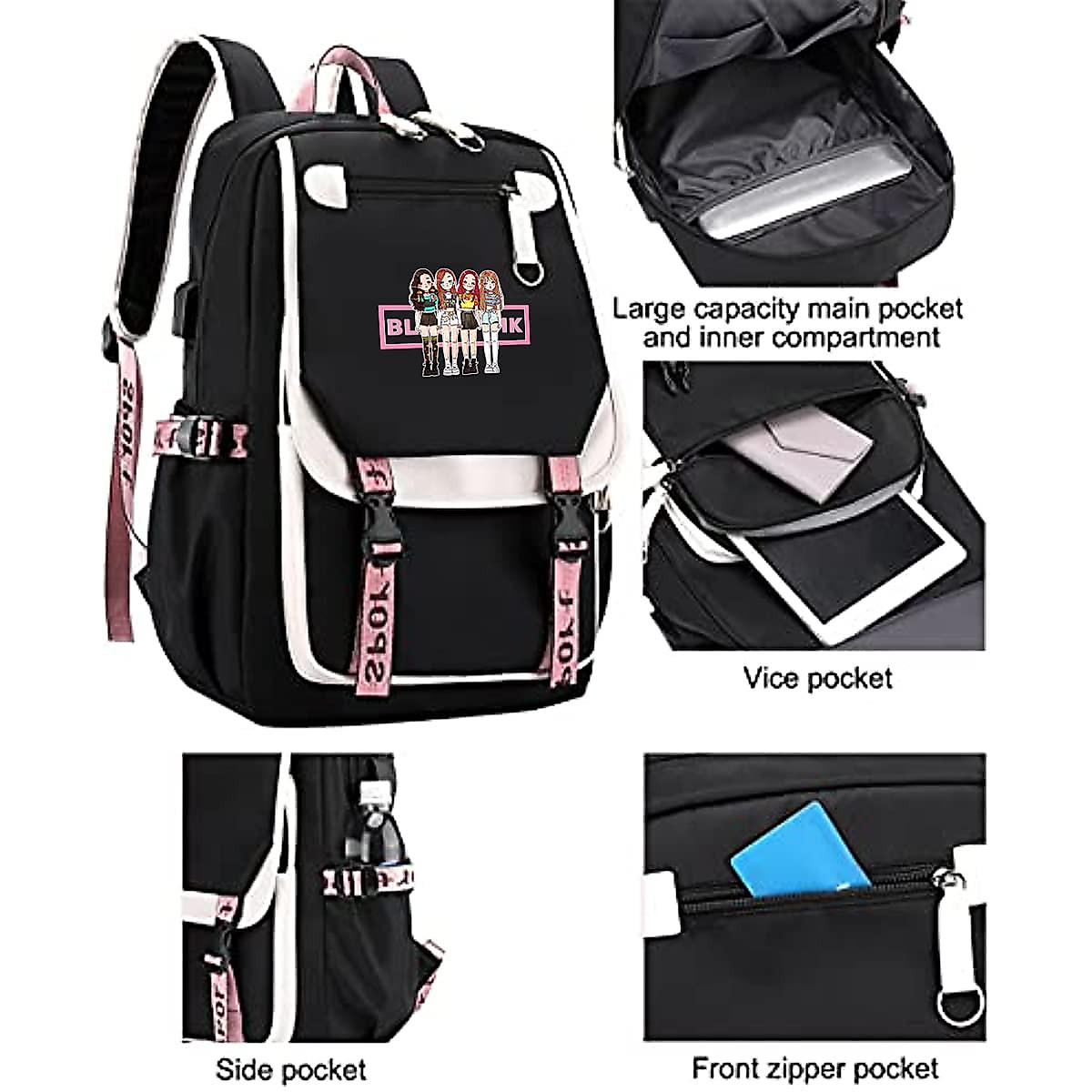 BEBBEE Unisex Bangtan boys Lisa Rose JISOO Jennie Kawaii Laptop Backpack Middle School Students Bookbag Outdoor Daypack for Girls Boys School (A)