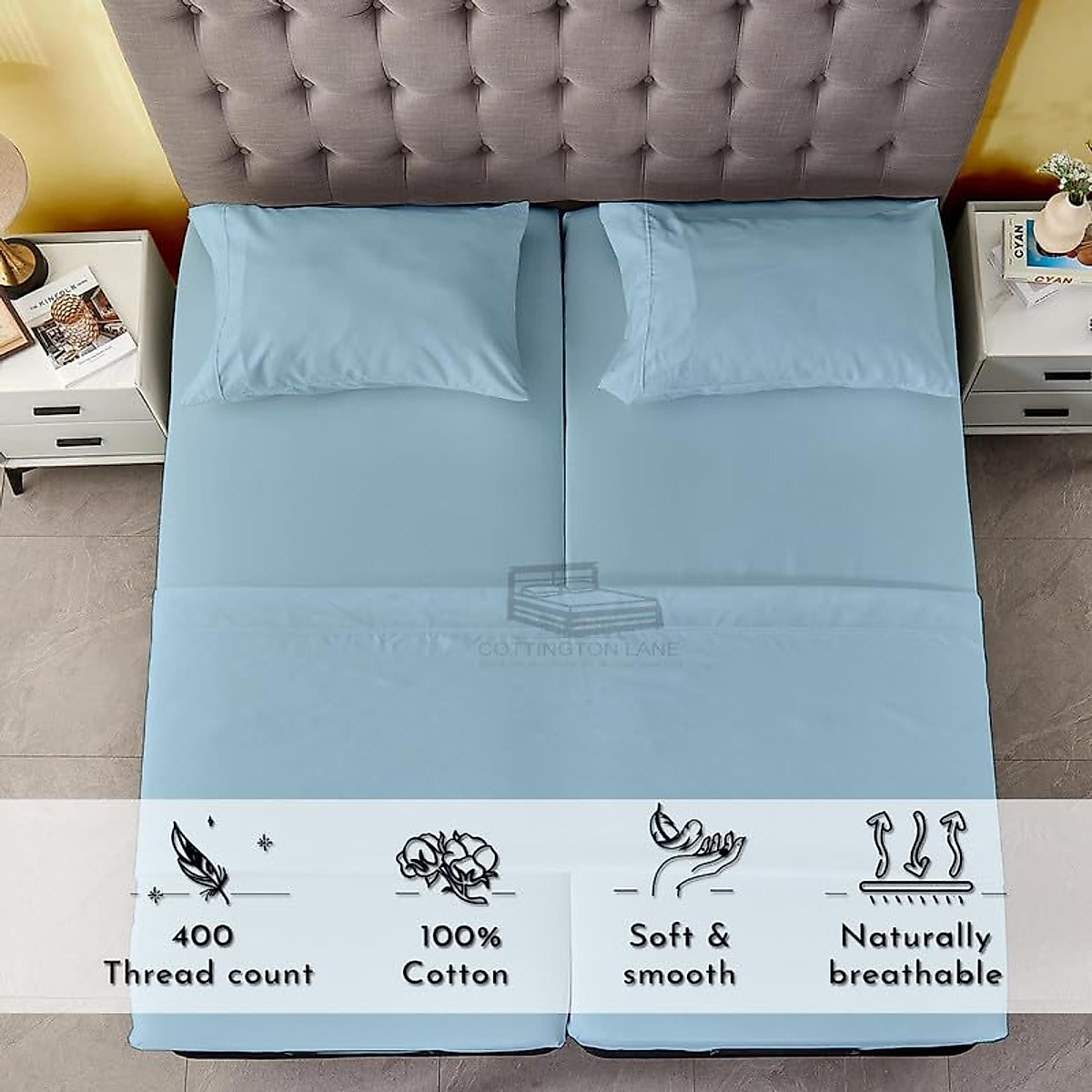 5 Piece Split King Sheets Sets for Adjustable beds - 400 Thread Count 100% Cotton (Light Blue Solid)