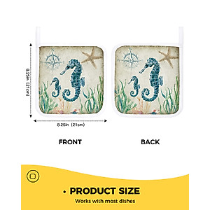 Pot Holder Set of 4 Ocean Seahorse Seaweed Potholder Heat Proof Non-Slip Pot Holders,Retro Nautical Compass Hot Pads Potholders for Kitchen Cooking Baking BBQ