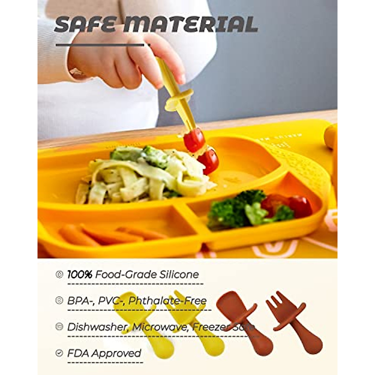 4 Pcs Baby Spoons Self Feeding 6 Months, Silicone Baby Spoons First Stage, Toddler Utensils for Baby Led Weaning with 2 Cases (Caramel, Tumeric)