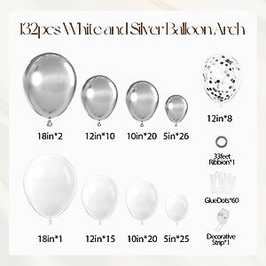 132pcs Silver and White Balloon Arch Kit, Metallic Silver and White Balloons Different Sizes of 18 12 10 Inch Balloons for Wedding Anniversary Baby Shower Graduation Birthday Party Decoration