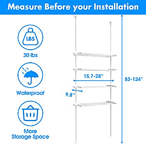 BsBsBest Over The Toilet Storage, 91-124 Inch Adjustable Bathroom Organizer, 4-Tier Toilet Rack Storage Shelf, Stainless Steel Bathroom Organizer, Spacesaver, White