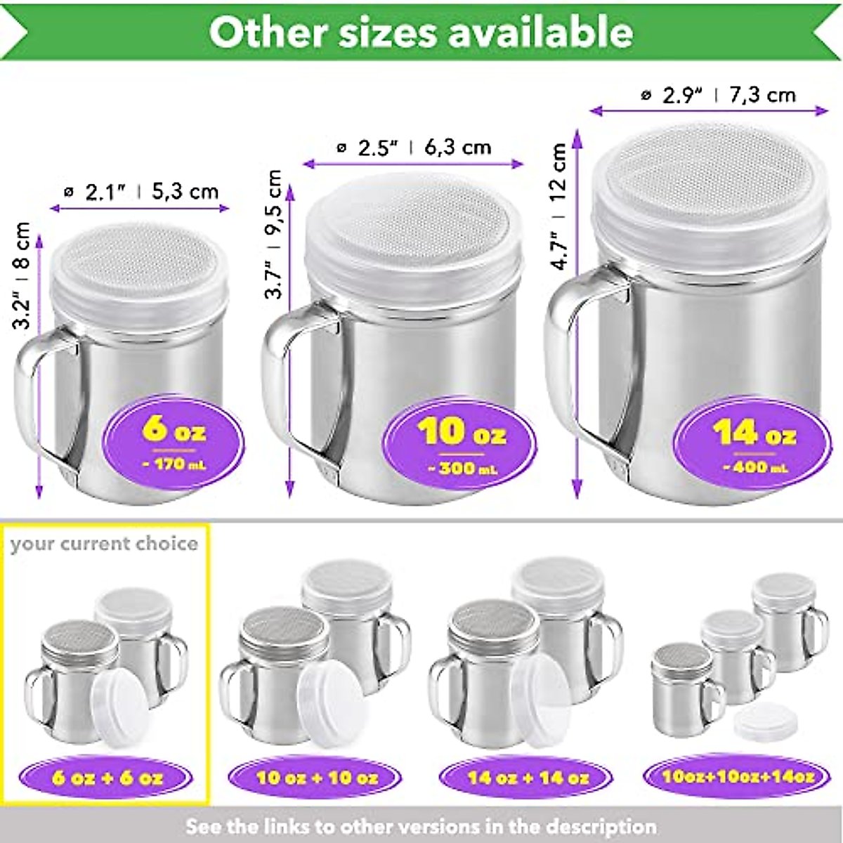 CUSINIUM Powdered Sugar Shaker Duster - With Handle - Cinnamon Shaker For Coffee Bar - Fine Mesh Dredge - 6 ounce, pack of 2 | Style: Fine