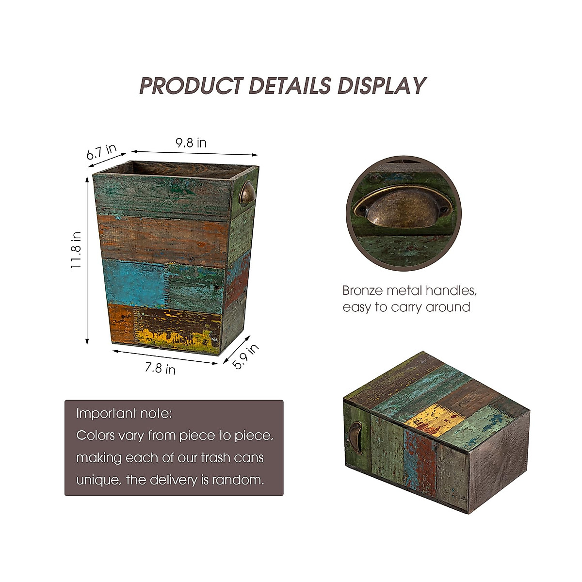 TIMRIS Small Wood Trash Can Wastebasket, Farmhouse Rectangular Garbage Can Waste Basket, Rustic Distressed Boho Wooden Trash Recycling Bin with Metal Handles, Reclaimed Wood Storage Basket (Random)