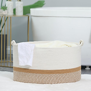 Norheirui Blanket Basket 20”x13”x11”,Large Woven Basket for Storage,Cotton Rope Basket for Blankets in Living Room,Blanket Storage,Kids Toy Basket, Rope Baskets with Handles, Large Basket,White/Brown