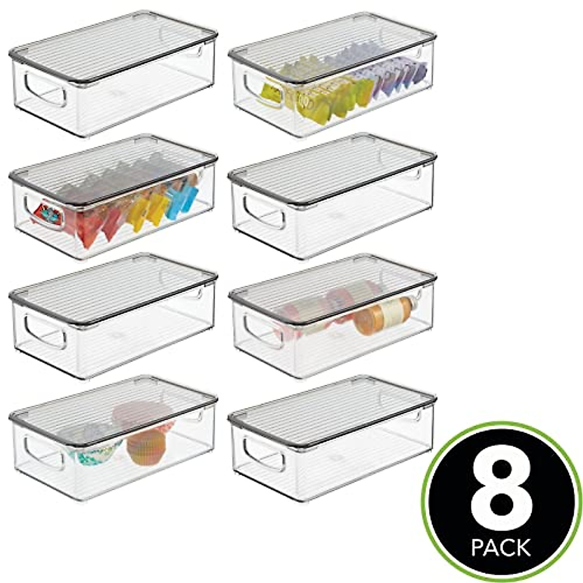 mDesign Plastic Pantry Storage Box Container with Lid and Built-In Handles - Organization for Flour, Cereal, Pasta, Rice, or Food in Kitchen Cupboard, Ligne Collection, 8 Pack, Clear/Smoke Gray