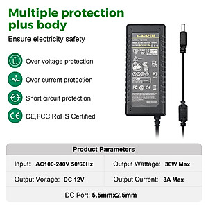 12V 3A Power Adapter - LeTaoXing AC 100-240V 50/60Hz to DC 12V 3A Switching Power Supply 5.5x2.5mm 12Volt Transformers 12V/3A Charger for 5050 3528 LED Strip CCTV Security System LCD Monitor