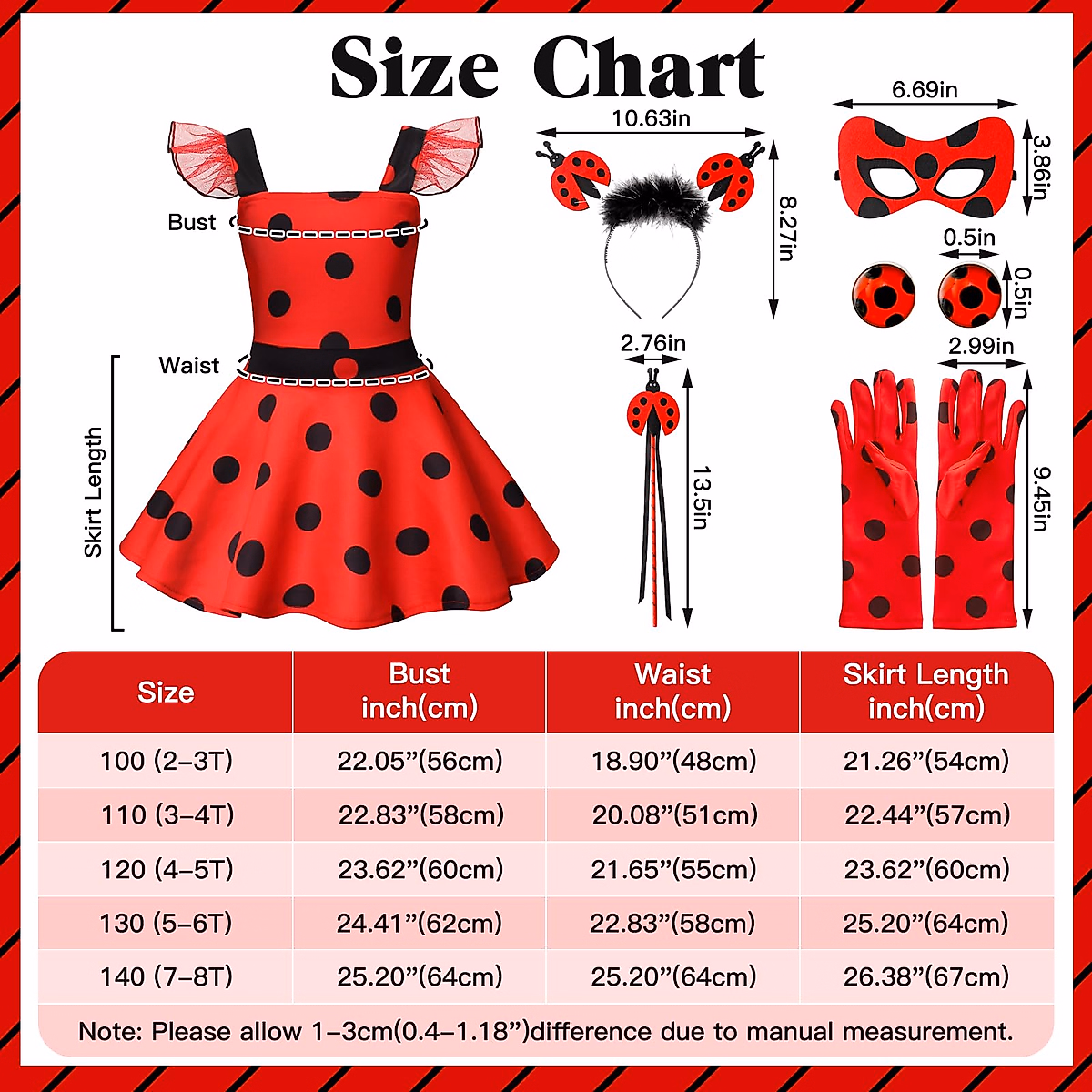 Girls Costume Polka Dots Dress Up Carnival Costume Birthday Outfit Christmas Party Cosplay Mask Gloves Headdress for Kids 130