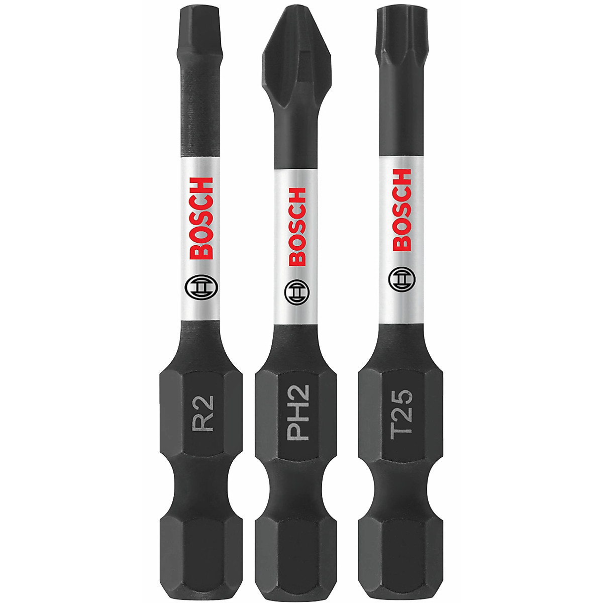 BOSCH ITV203 3-Piece 2 In. Impact Tough Screwdriving Power Bits Mixed Set Including PH2, SQ2, T25 Bits