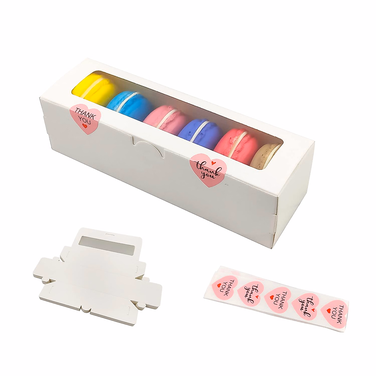 Chneeu 30 Pack Macaron Boxes Macaron Packaging Box with Window Long Pastry Cookie Boxes Dessert Boxes Small Treat Boxes Rectangle Cookie Boxes Strawberry Boxes, white