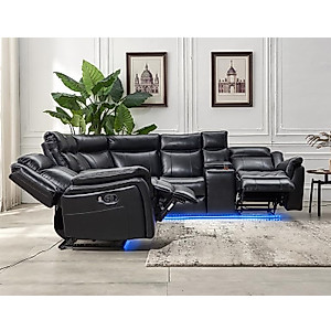 ERYE Sectional Sofa PU Leather Upholstered Corner Couch with 2 Manual Reclining Motion Chaise, Black led Light Strip
