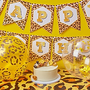 15 Pieces Cheetah Happy Birthday Decorations Leopard Print Banner Cheetah Birthday Banner Gold Leopard Balloons Leopard Print Plastic Tablecloth for Boy Girl Baby Shower Theme Supplies Decorations