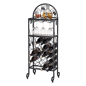 VECELO Freestanding Wine Rack Bar Table Holder, Tempered Glass Top, Liquor Display Shelf Stand for Home Kitchen Pub, 20 Bottles, Black