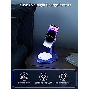 2 in 1 Magnetic Wireless Charger, 15W Fast Charging Mag-Safe Charger Stand for iPhone 15/14/13/12 Series, Wireless Charging Station for AirPods 3/Pro/2 (with QC3.0 Adapter)