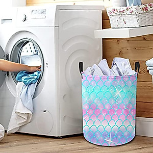 Mermaid Scale Stars Laundry Basket Waterproof Dirty Clothes Hamper Collapsible Toys Storage Bins with Handle for College Dorm Bathroom