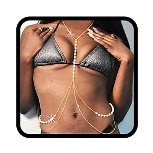 Cosydays Boho Pearl Body Chain Gold Layered Chest Chains Necklace Belly Chain Beach Bikini Chains Waist Nightclub Body Chain Jewelry for Women