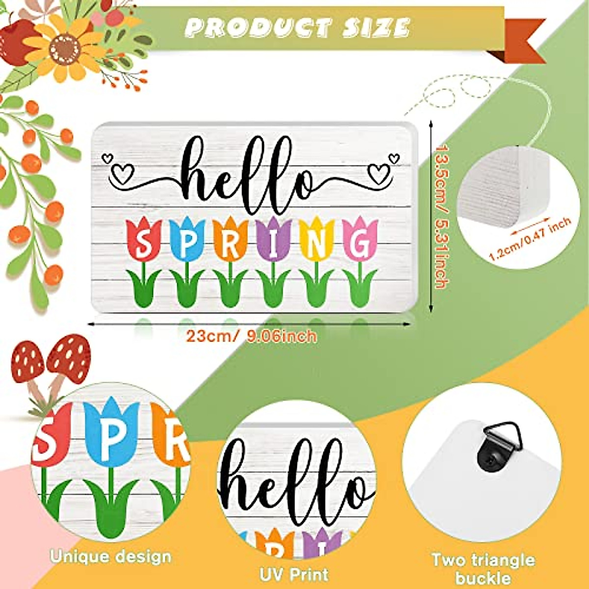 Hello Spring Wood Sign Farmhouse Tulips Spring Decor 9 x 5.3 Inch Spring Table Centerpiece Freestanding Wall Table Decor Wooden Cutout Tulips Spring Decoration for Home Dining Room (Spring)