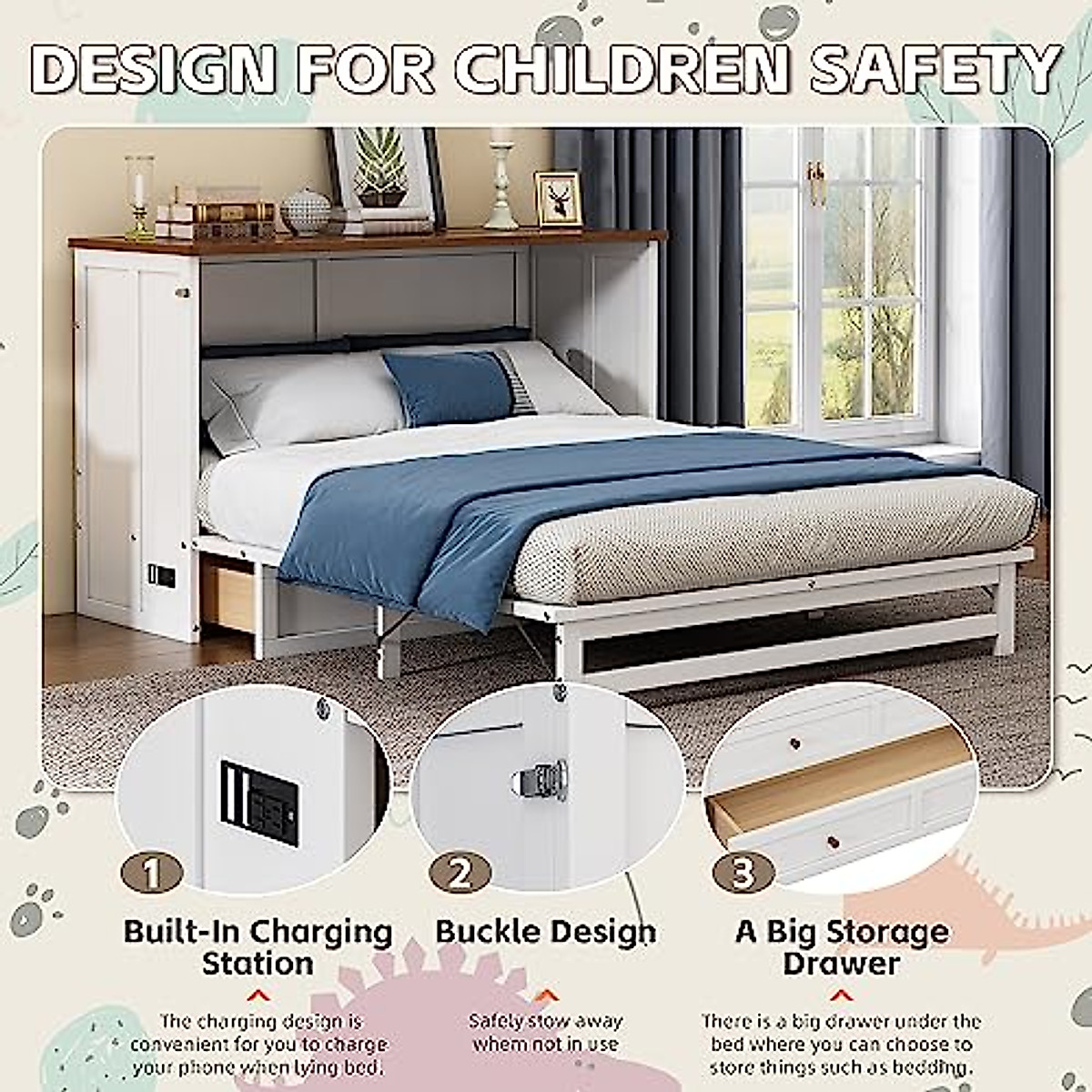 Melpoemene Murphy Bed Chest with Charging Station,Queen Size Murphy Cabinet Bed with 2 Drawers,White+Walnut