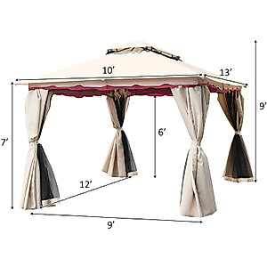 Tangkula 13x10 Feet Patio Gazebo, Outdoor Steel Gazebo with Mesh Netting and Privacy Side Walls, 2-Tier Canopy Gazebo w/ 130 Square Feet of Shade, Ideal for Patio, Yard, Garden
