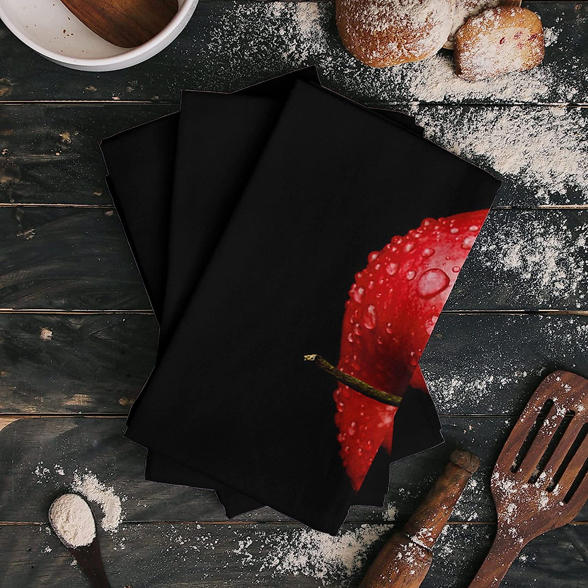 Beisseid Red Apples Kitchen Towels Set Water Drops Dish Cloth Fingertip Bath Towels Cloth Black Background Hand Drying Soft Cotton Tea Towel 18x28in 2PCS