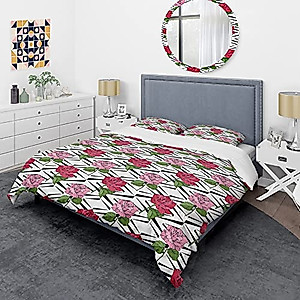 DESIGN ART Designart 'Retro Pink and Red Roses' Mid-Century Duvet Cover Set King Cover + 2 King Shams (Comforter not Included) 3 Piece