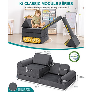 Kidirect Modular Kids Play Couch, K8 Imaginative Convertible Foam Play Couch for Kids and Toddlers, 350+ DIY Kid Couch for Playroom, Creative Toddler Play Couch Sofa, Child Sectional Sofa, Space Grey