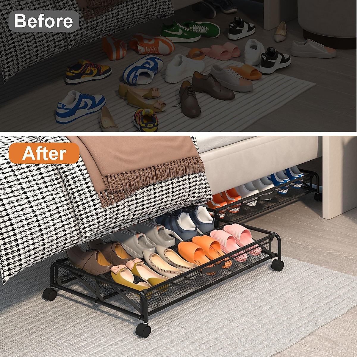 KOSIWU Under Bed Shoe Storage with Wheels, 2 Pack Rolling Under Bed Storage Containers for Shoes Metal Shoe Rack Organizer Bedroom Organization