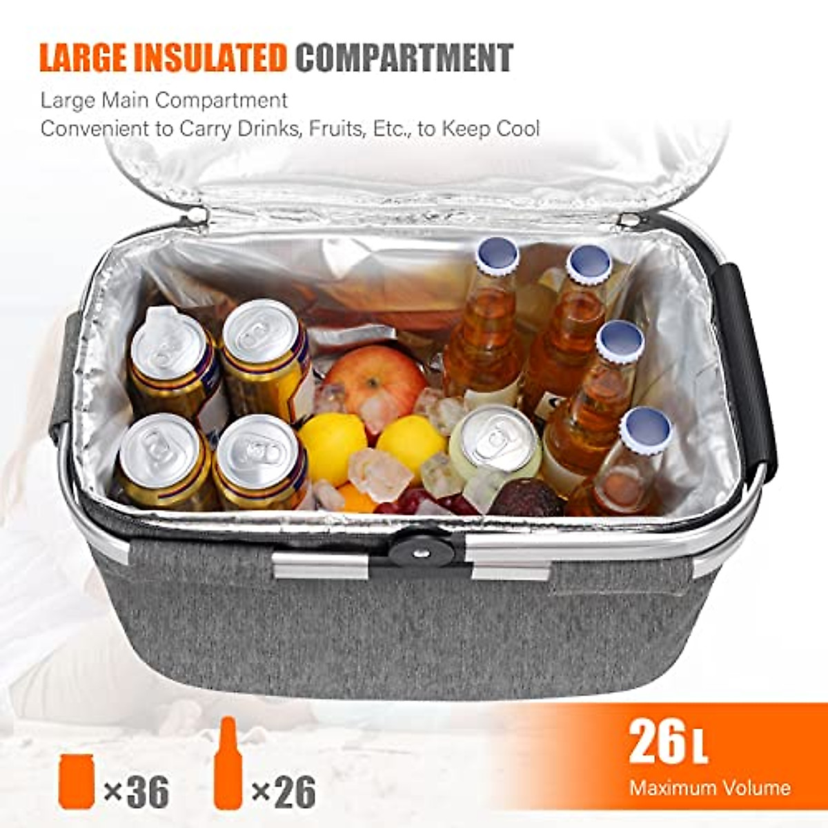 HappyPicnic Cooler Tote Bag 26L, Collapsible Picnic Basket Cooler with Aluminium Handle for Food, Shopping Grocery, Work or Outdoor Hiking Men Woman