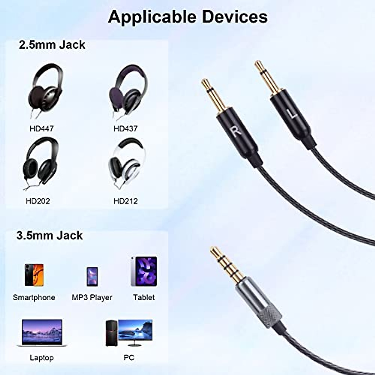 Arzweyk 3.5mm to 2.5mm Male to Male Audio AUX Replacement Cable Compatible with Sennheiser HD447 HD437 HD202 HD212 Headphone, Remote Volume Control Mic for ISO Android, 1.2m/ 4FT