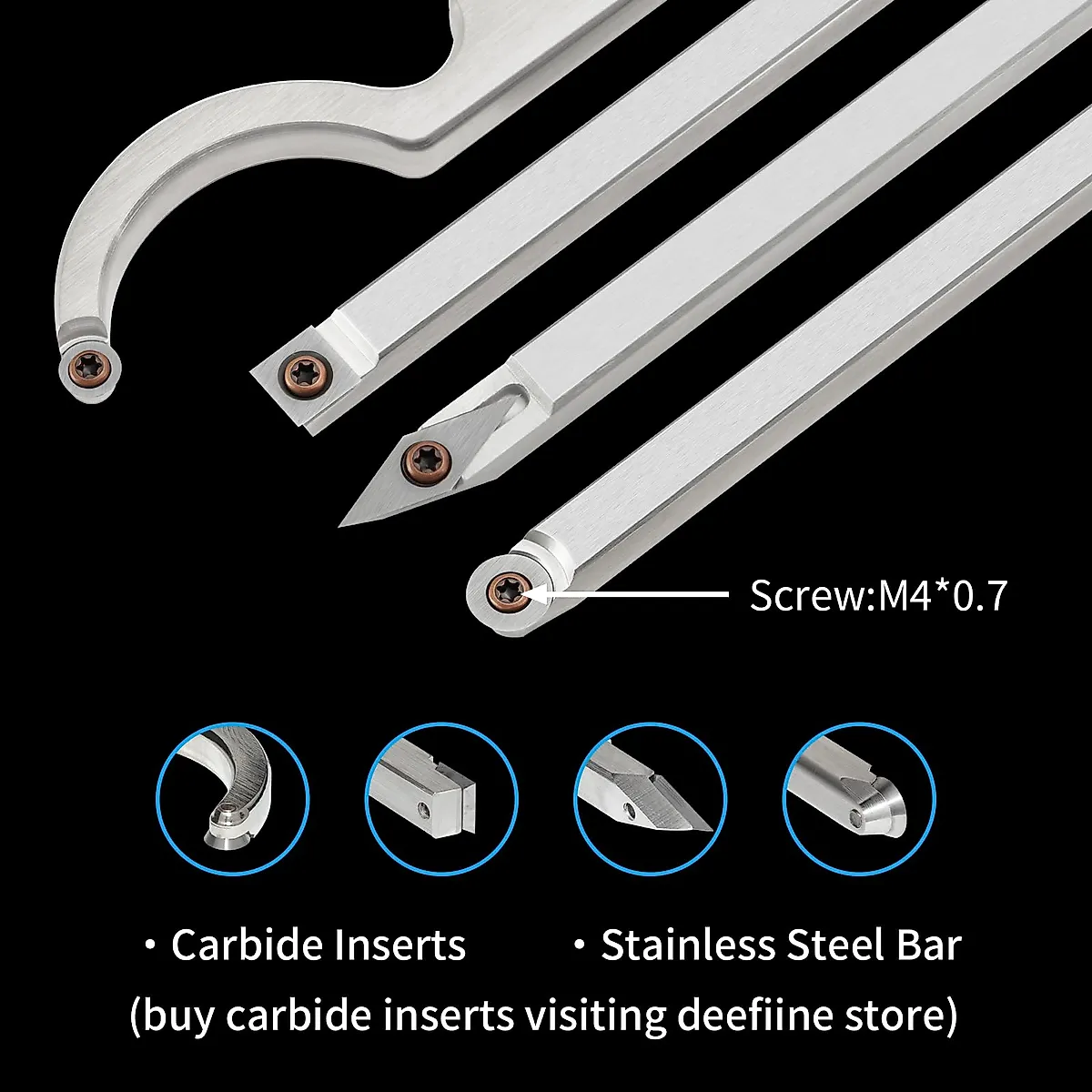 DEEFIINE Carbide Tip Wood Lathe Turning Tool set With Bowl sander, Lathe Roughing and Finishing Hollowing Tool Interchangeable Aluminum Alloy Handle with 4pcs Carbide Blade For Woodturning